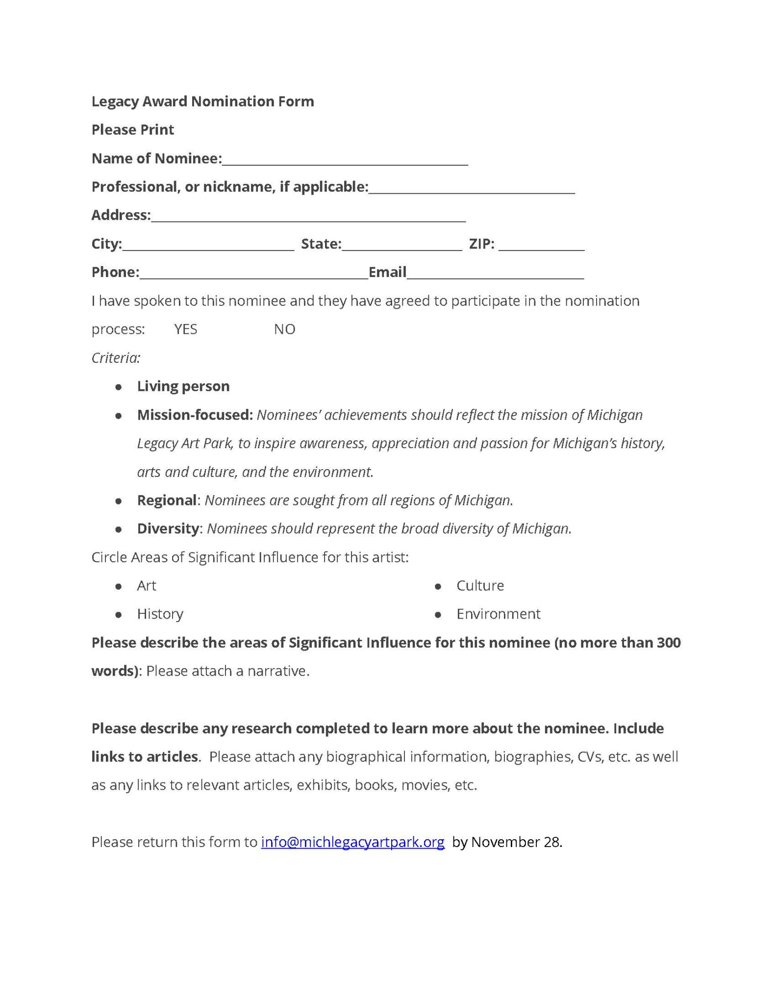 2026 Legacy Award Nomination Form in Word - Michigan Legacy Art Park
